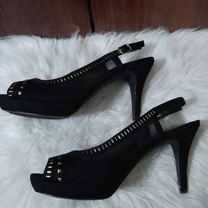 Impo | Shoes | Impo Black Studded Mesh Side Sling Back Heels 75m | Poshmark
